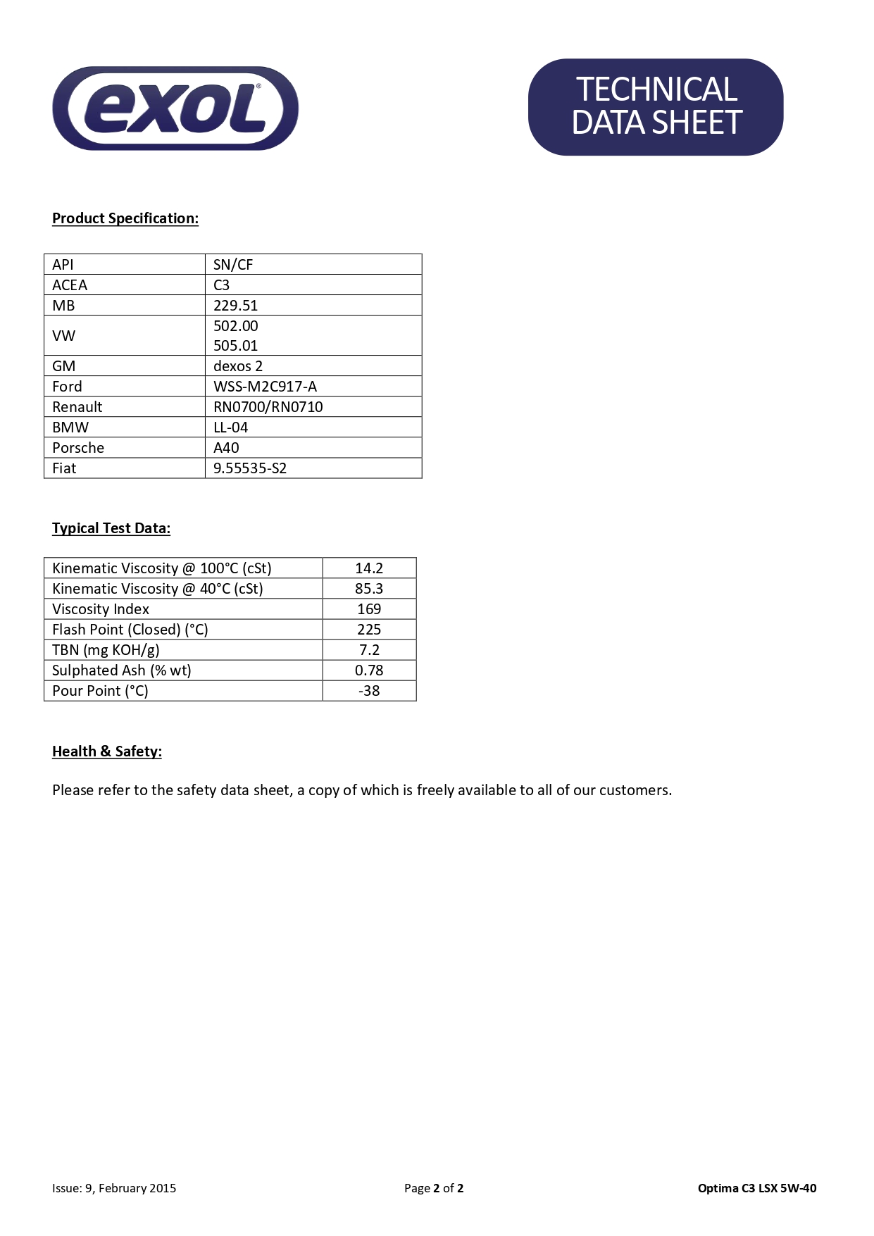 EXOL OPTIMA C3 LSX 5W-40 (100% Fully Synthetic) ขนาด 5 ลิตร + 2 ลิตร ...