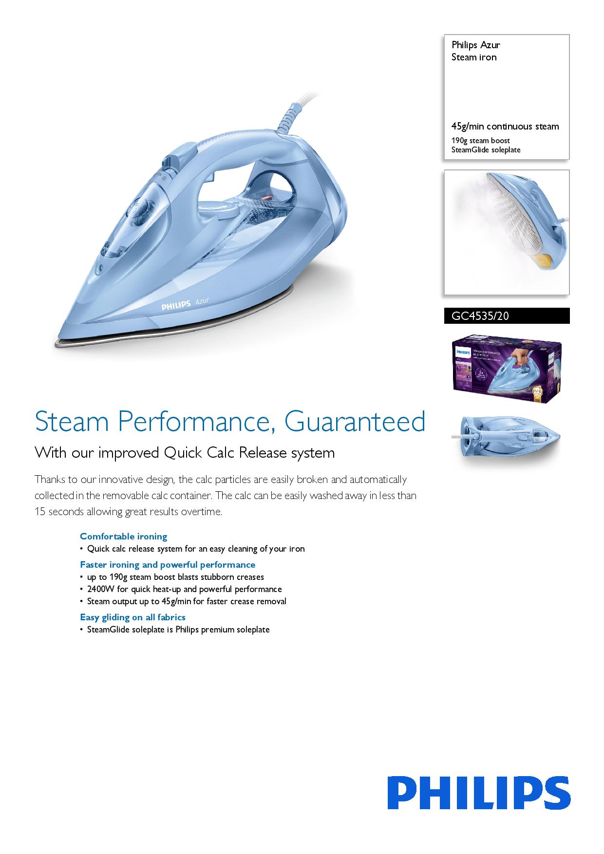 PHILIPS Azur เตารีดไอน้ำ (ระบบ Quick Calc Release แผ่นความร้อน ...