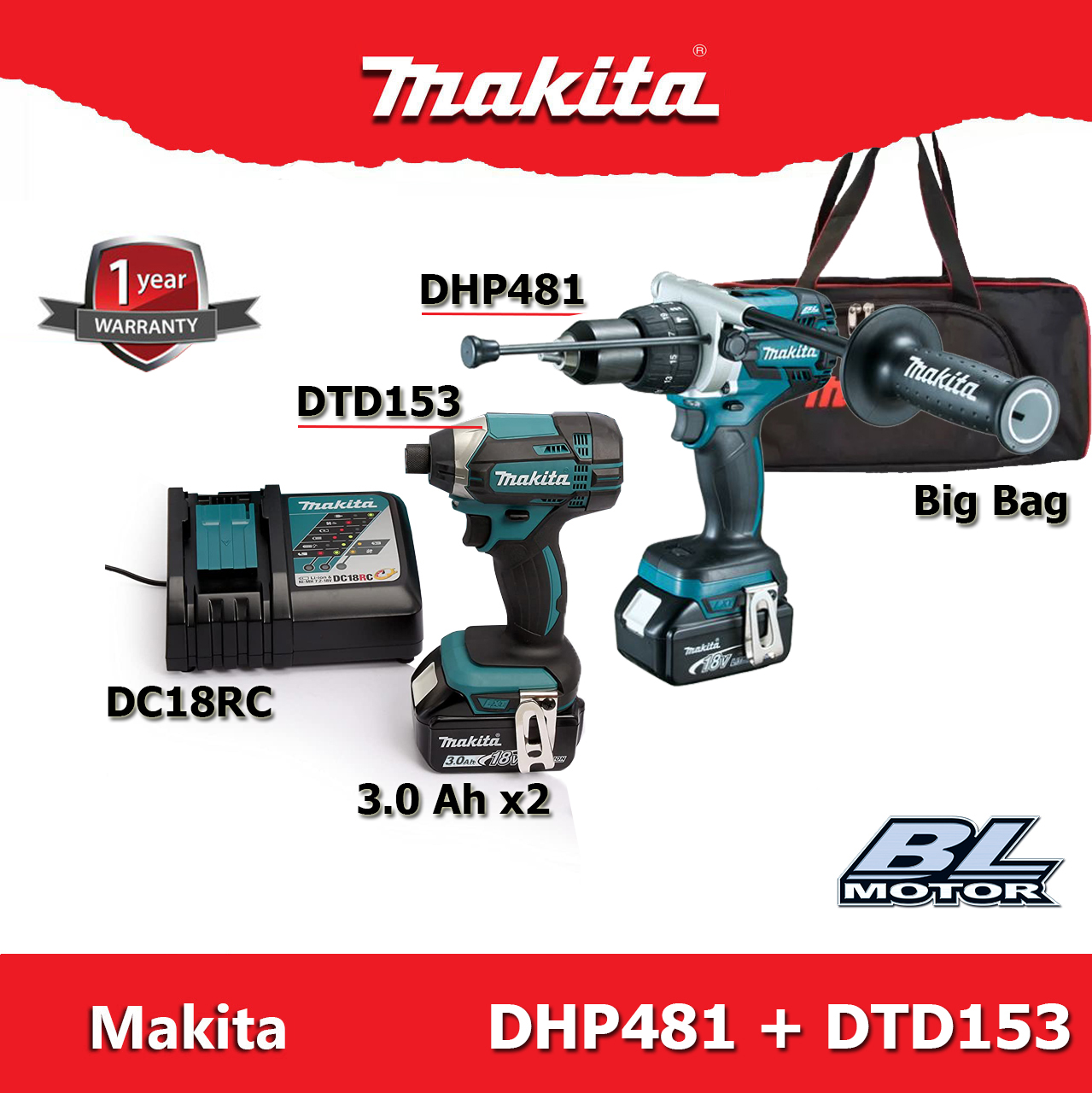 Makita 18V combo set (DHP481 + DTD153) พร้อมแบต 3.0 Ah จำนวน 2 ก้อน และ ...