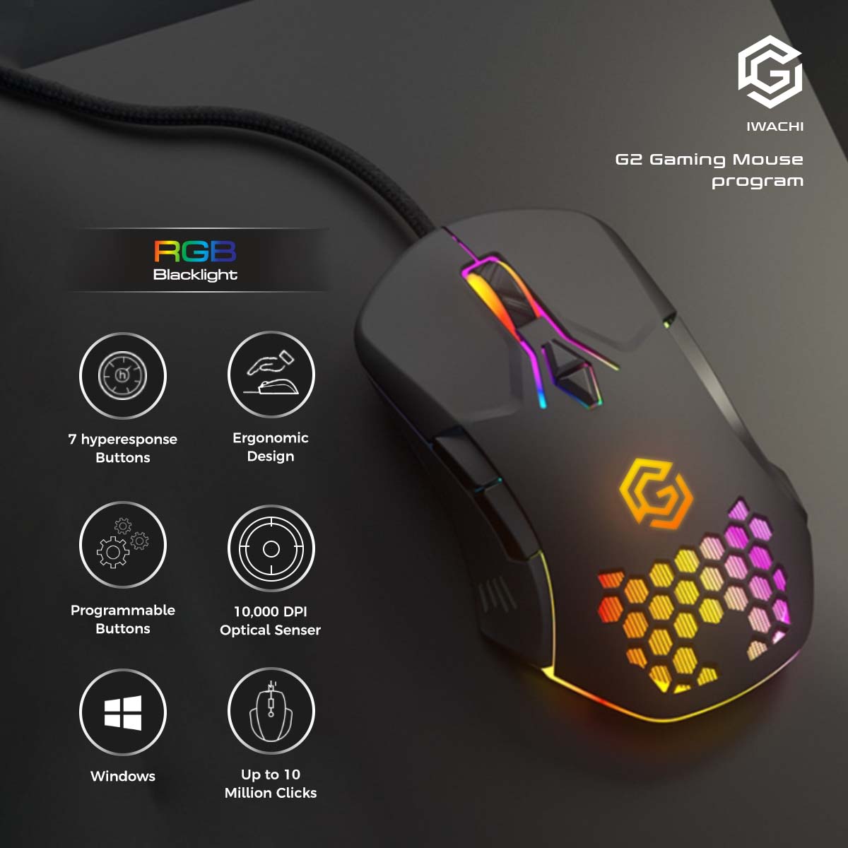 IWACHI เมาส์เกมมิ่ง G2 Gaming Gear Series เมาส์แบบมีสาย ระบบออปติคัลเซนเซอร์ พร้อมไฟRGB ปรับได้ ...
