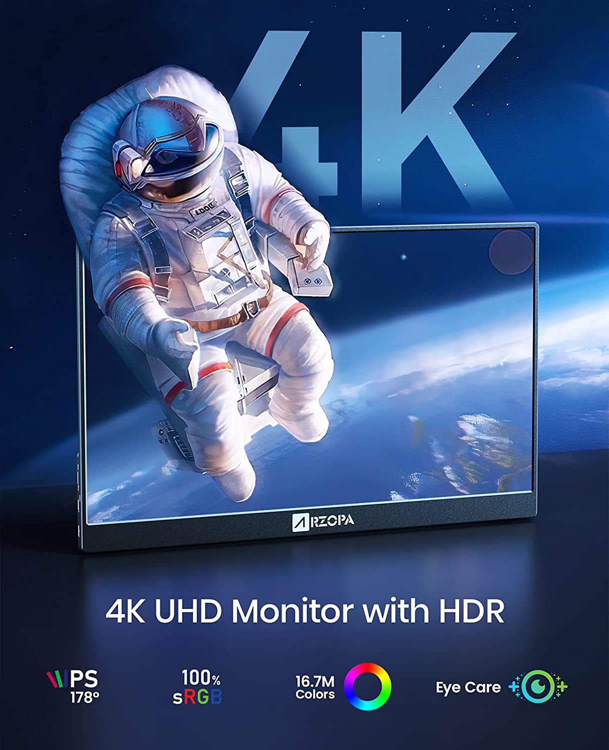 Arzopa Portable Monitor 4K UHD 14 inch External Display with Dual Speakers Second Screen for ...