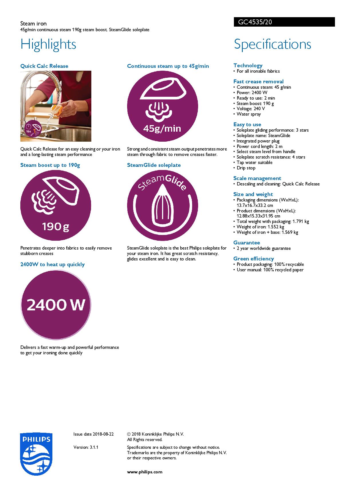 PHILIPS Azur เตารีดไอน้ำ (ระบบ Quick Calc Release แผ่นความร้อน ...