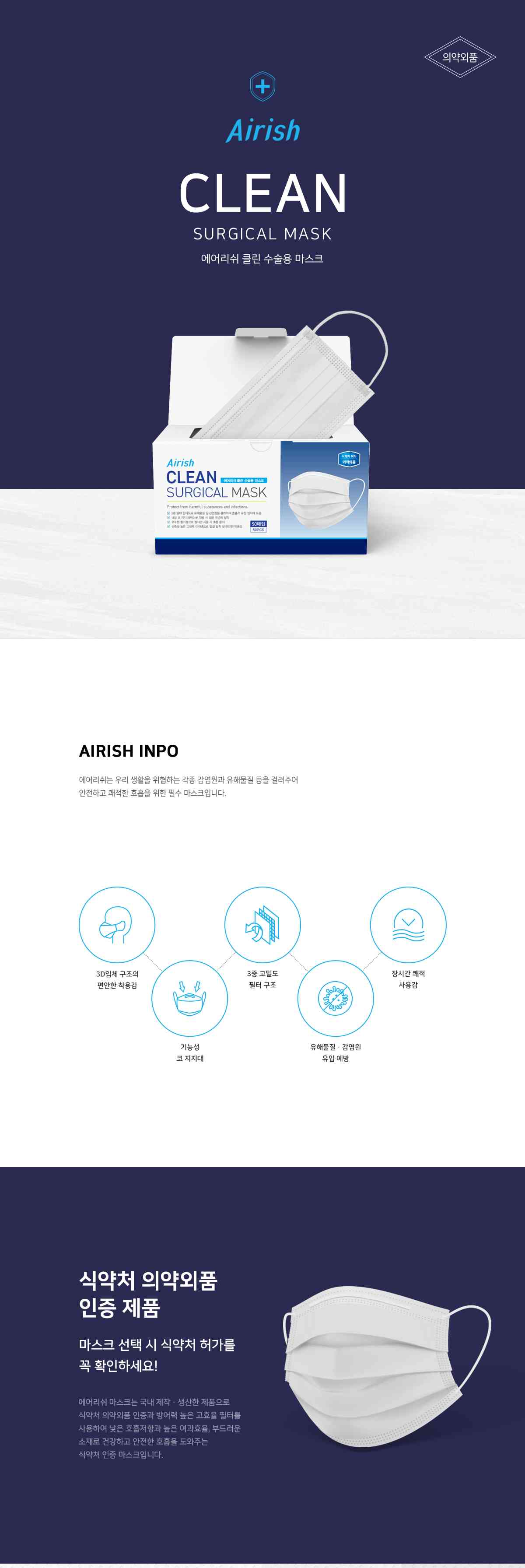 Airish plus Clean surgical face Mask 50pcs KF-AD grade 3-ply*using KF80 ...