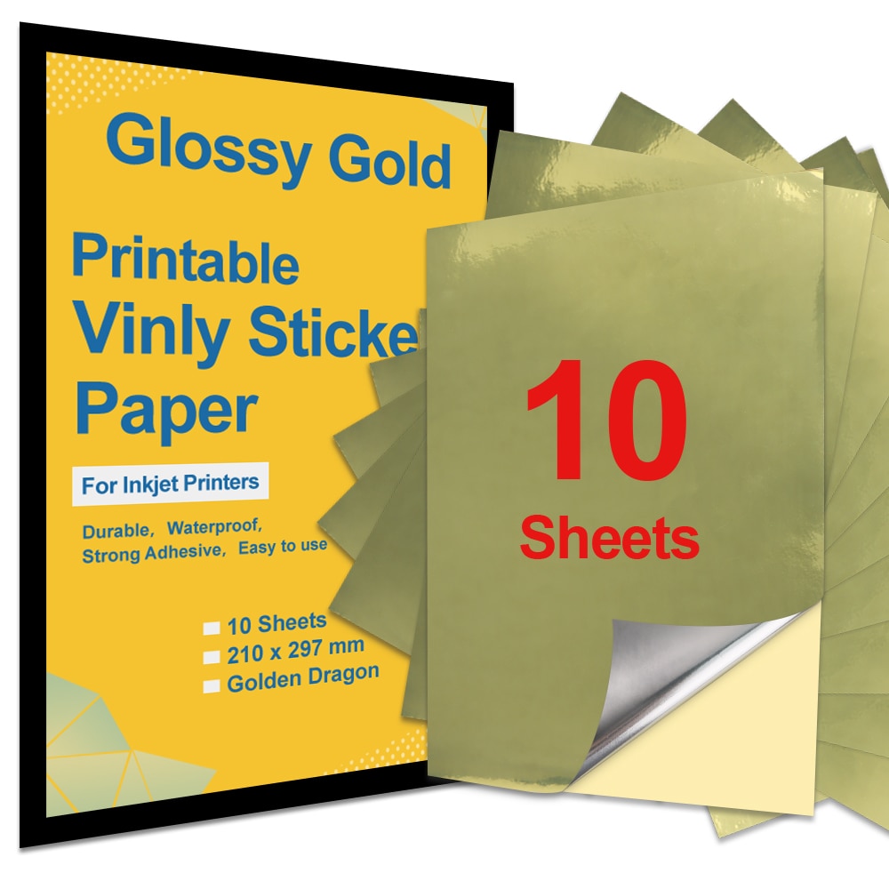 10 Sheets High Glossy Gold A4 Vinyl Sticker Printable Paper Self ...