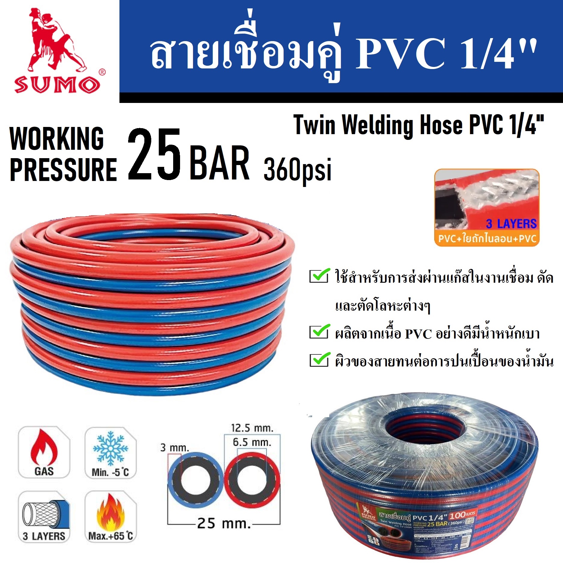 SUMO สายเชื่อมคู่ สายลมคู่ น้ำเงิน-แดง PVC 1/4" (ราคาต่อเมตร) ใช้สำหรับ ...