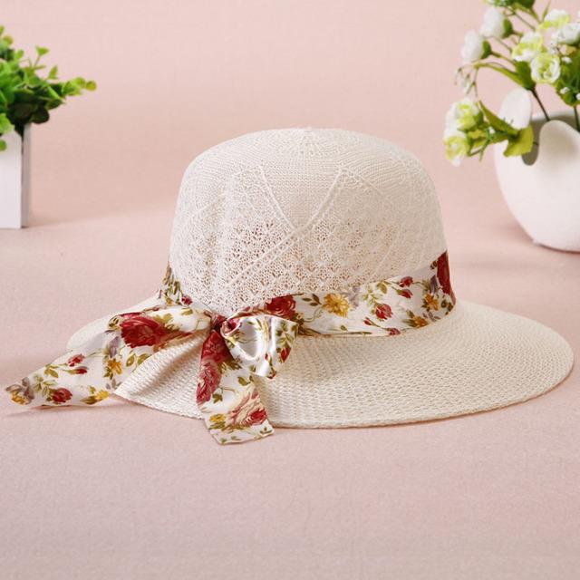 Summer Girls Sun Hats Wide Brim Bowknot Straw Hat with Ribbon Outdoor ...