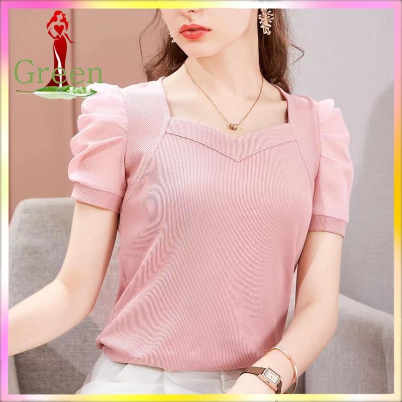 DH100-1.12 เสื้อยืดแขนสั้น ผ้าเรยอน ขนาดใหญ่ สีเขียว แฟชั่นฤดูร้อน สไตล์ฝรั่งเศส สําหรับผู้หญิง ...