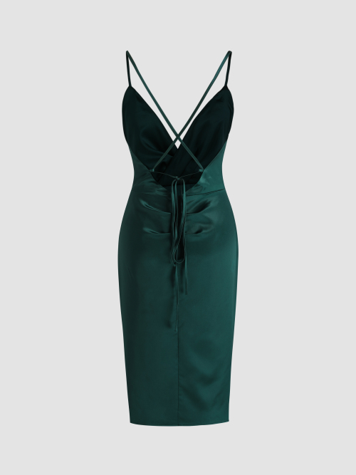 Cider Solid Backless Twist Front Midi Dress - Cider - ThaiPick