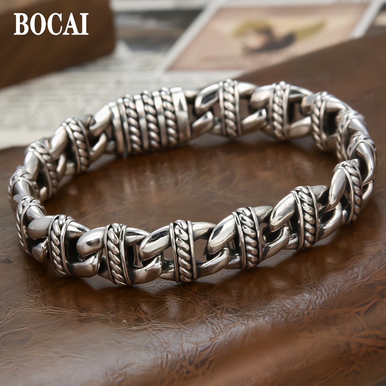 BOCAI จริง S925เครื่องประดับเงินบุคลิกภาพย้อนยุคทอแบบสร้อยข้อมือผู้ชาย ...