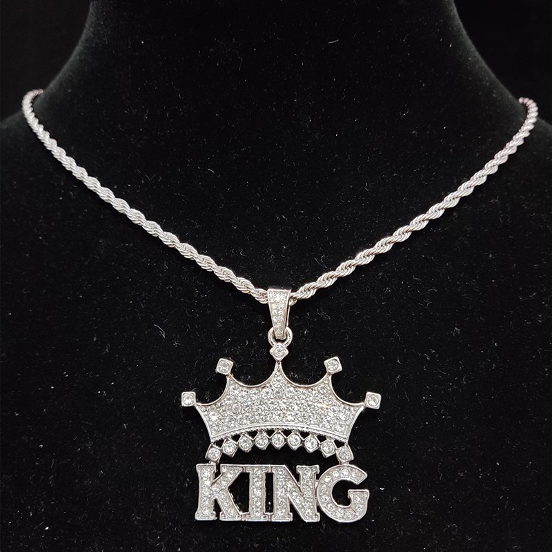 Men Women Hip Hop Crown with King Pendant Necklace with 13mm Cuban ...