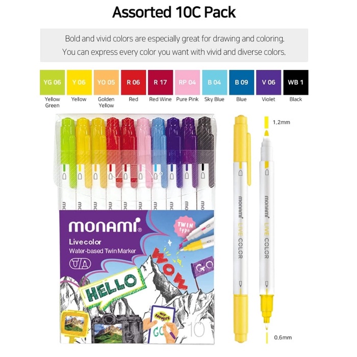 Monami ปากกาสีน้ำ รุ่น Live Color ชุด 10 สี ด้ามสีขาว สีสด ใช้งานได้ ...