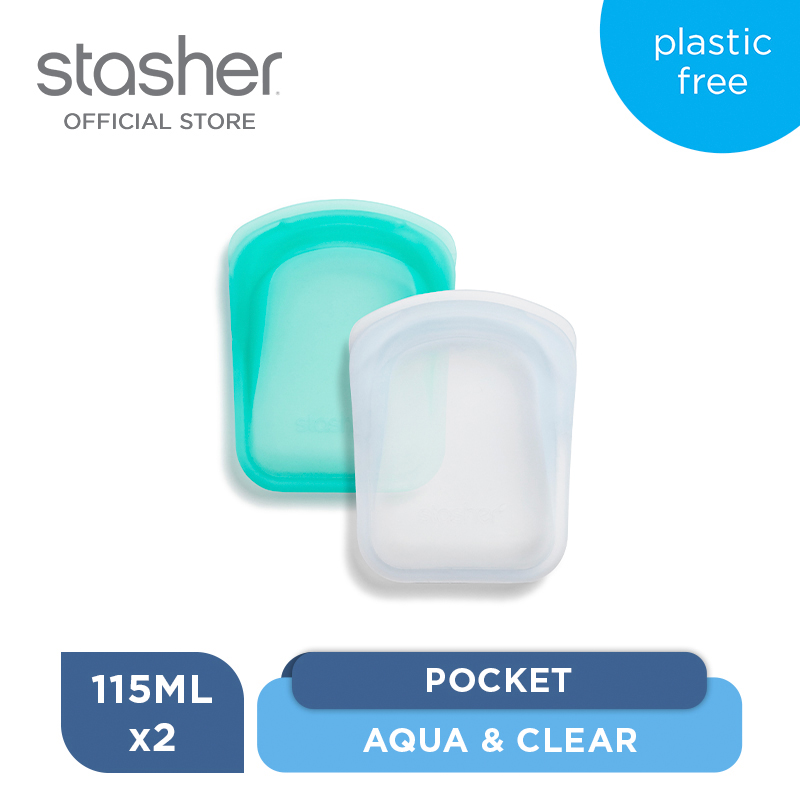 Stasher Pocket Reusable Silicone Bag 115ml Clear & Aqua Set Plastic ...