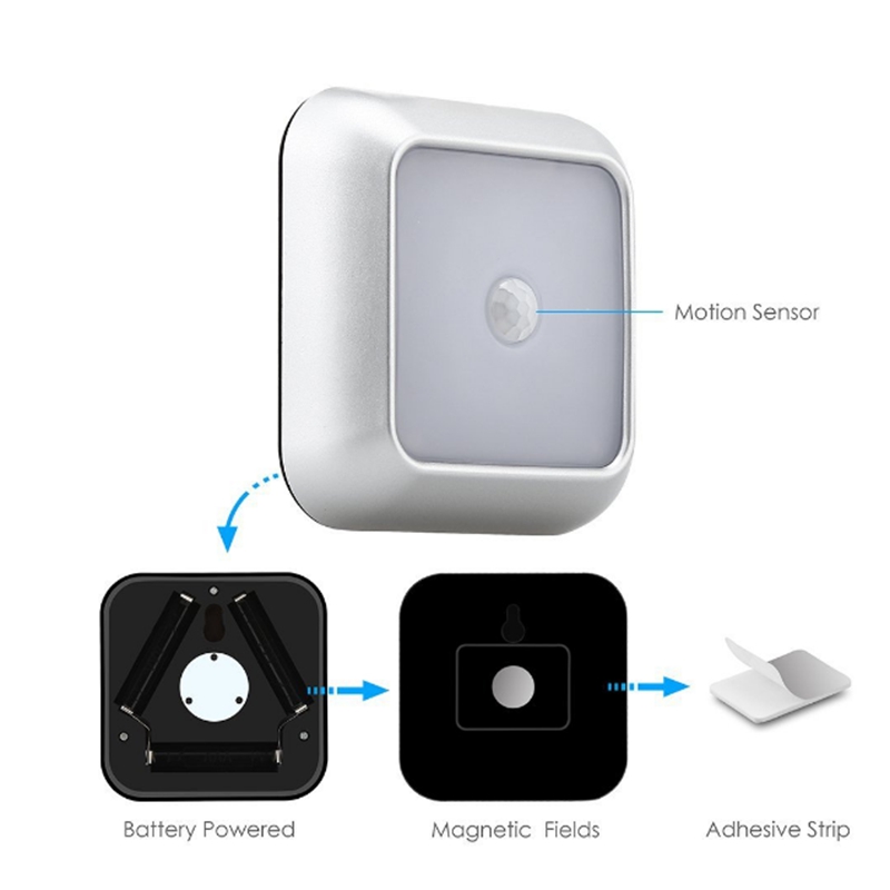 Battery Powered 6 LED Square Motion Sensor Night Lights PIR Induction ...