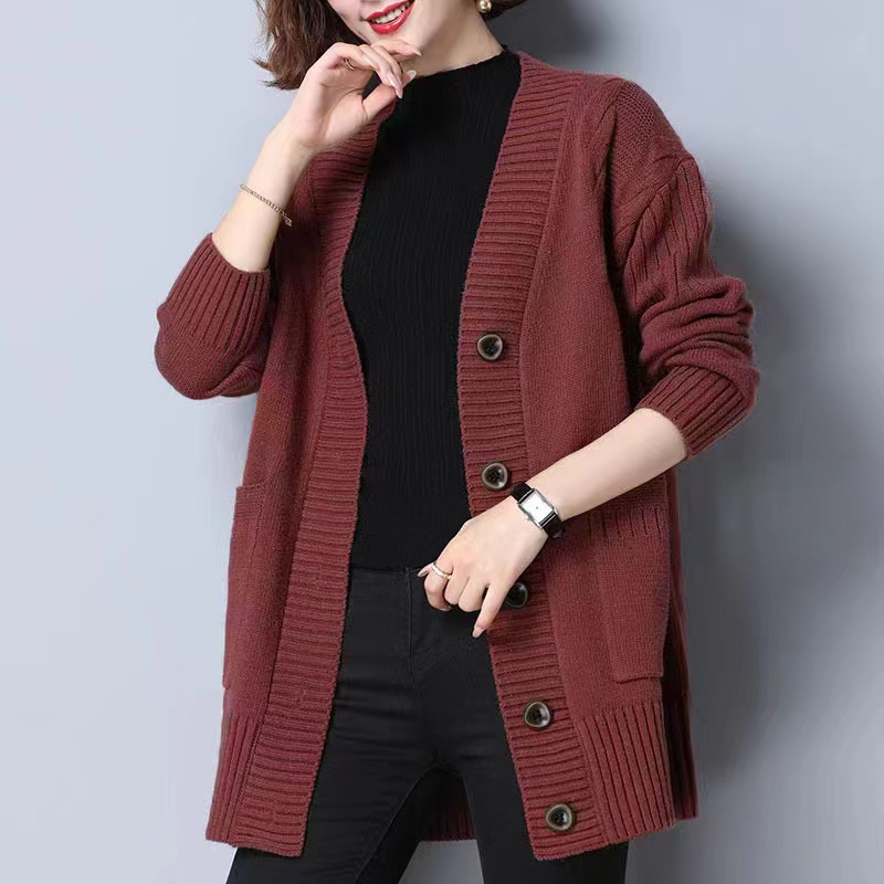 C-C SHOP เสื้อกันหนาวไหมพรม แบบกระดุม มีกระเป๋า สีพื้น ทรงหลวมใหญ่ ...