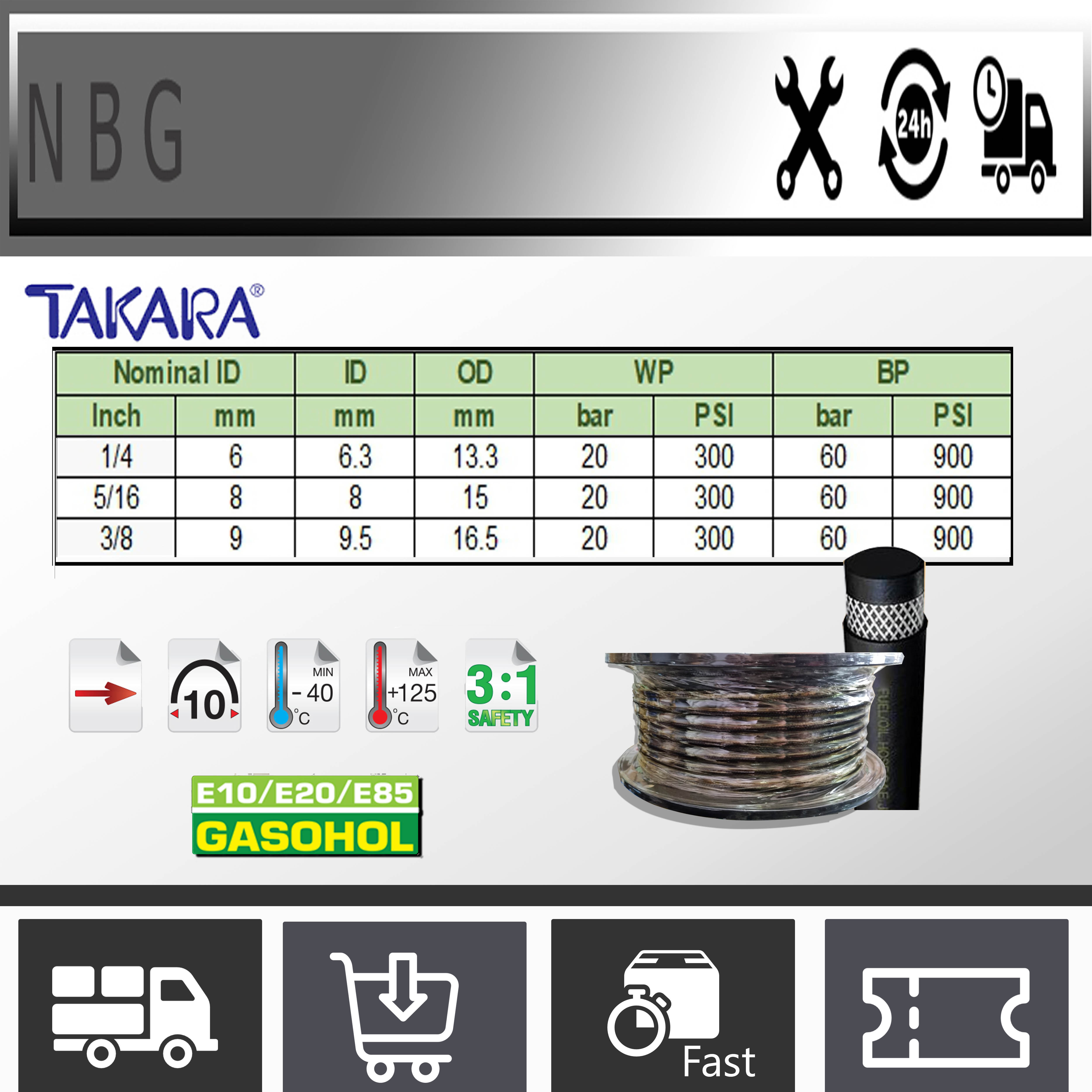 Takara R7 8 mm สายกันน้ำมันแก๊สโซฮอล์ E10 E20 E85 SAE J30 R7 วงใน 5/16 ...