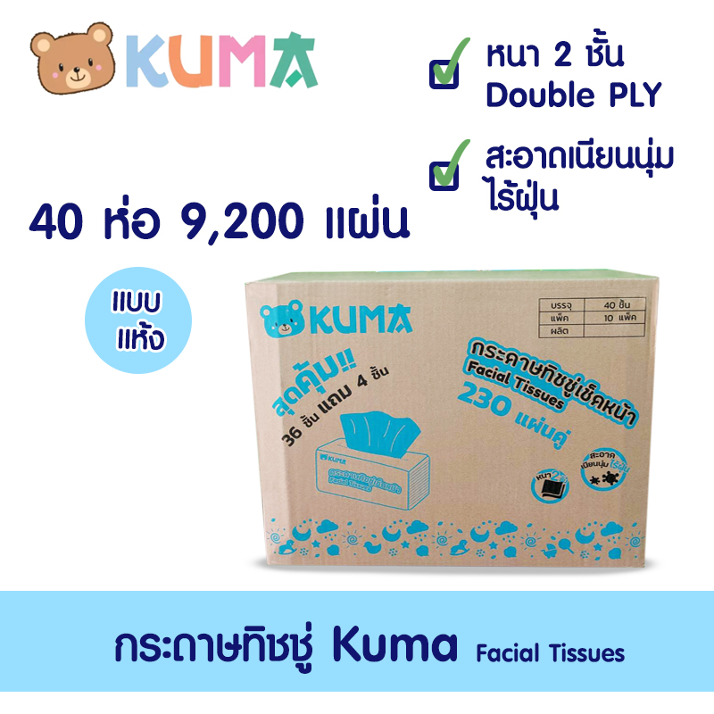 [ยกลัง]KUMA Facial Tissue กระดาษทิชชู่เช็ดหน้า คูมะ รุ่น 230 แผ่น : ห่อ ...