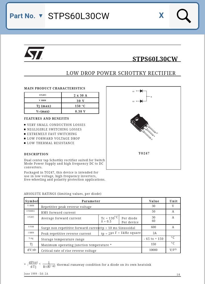 STPS60L30CW ไดโอต60A แท้ต้นฉบับ(แพ็ค2ตัว)ชอร์ตกี้ไดโอต LOW DROP POWER ...