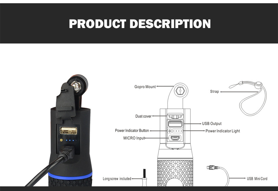 KingMa 5200mAh Power Bank Selfie Stick Hand Grip Monopod for GoPro Hero ...