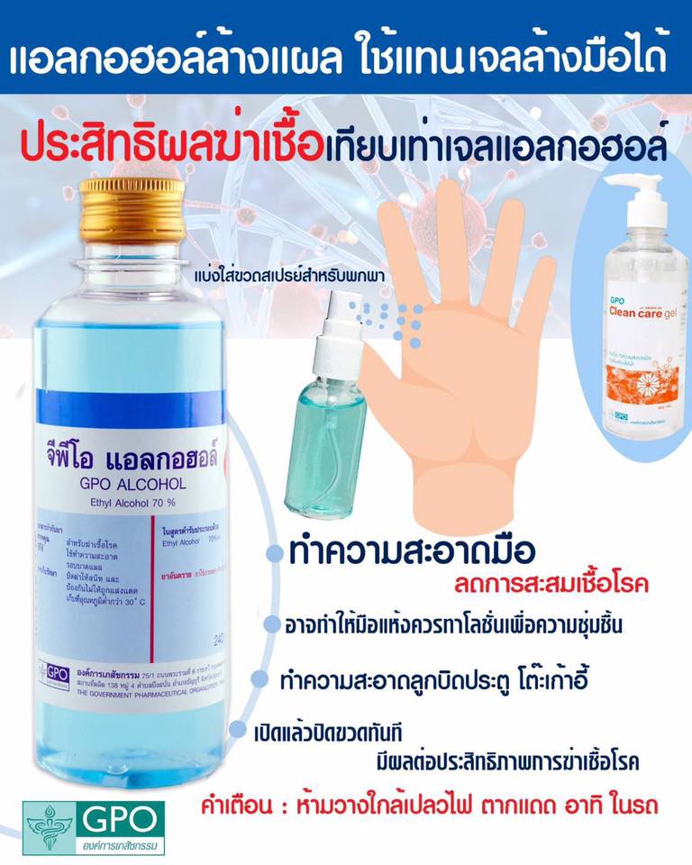 GPO แอลกอฮอล์ องค์การเภสัช จีพีโอ Alcohol Ethyl 450 ml Antiseptic ...