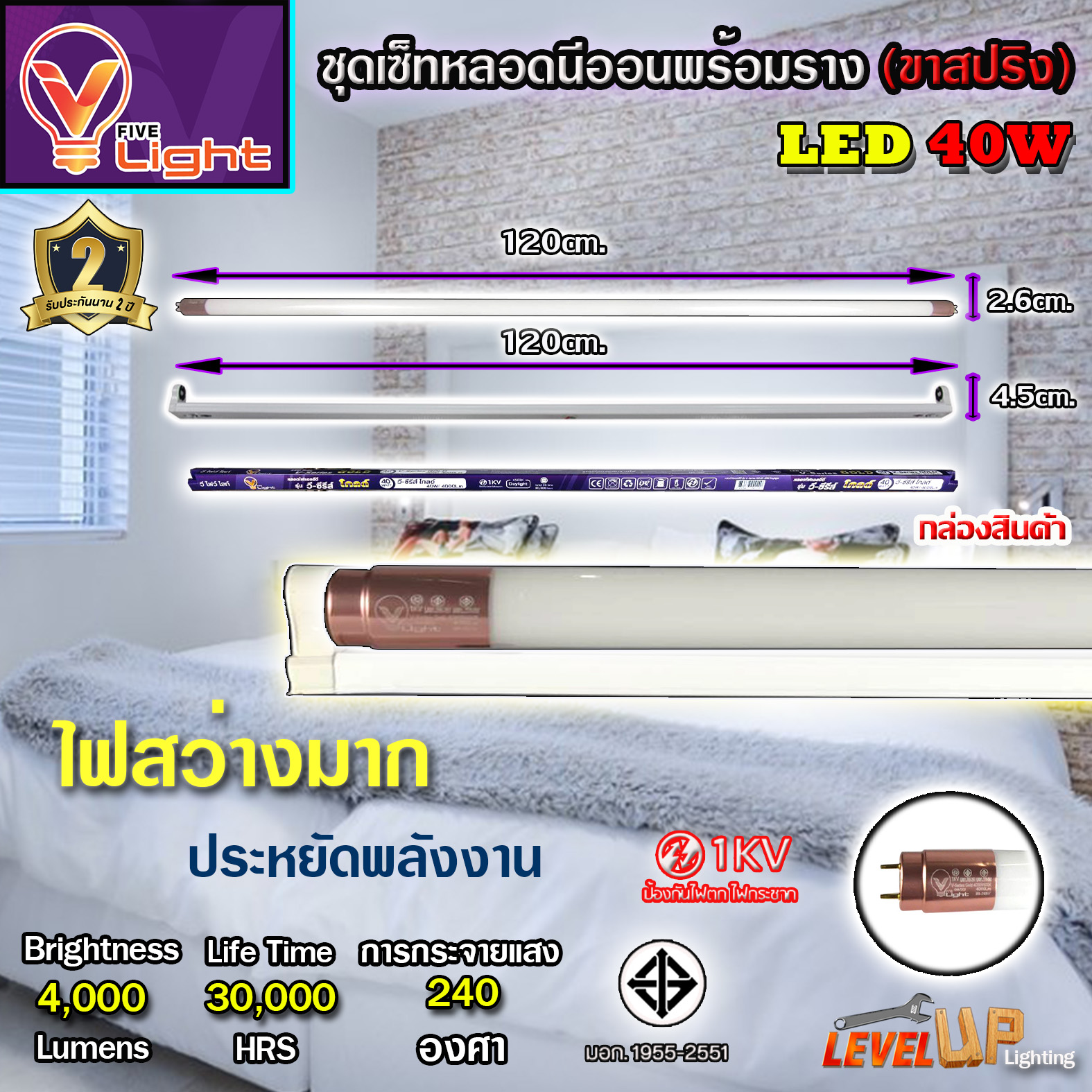 ชุดหลอดไฟนีออนพร้อมรางขาสปริง LED T8 40W ขั้วสีทอง หลอดไฟ led แบบยาว V ...