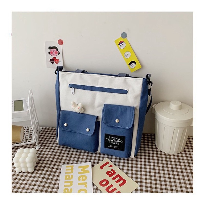 hujik (ส่งจากไทย/พร้อมส่ง) กระเป๋าผ้าสะพายข้าง สีทรูโทน ผ้าหนาแคนวาส ...