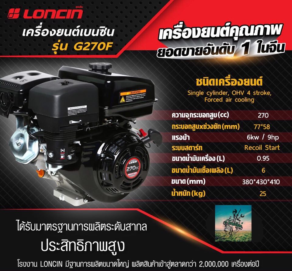 #เเรงอันดับหนึ่ง LONCIN เครื่องยนต์เบนซิน 9 เเรงม้า G270F ( 270CC ...