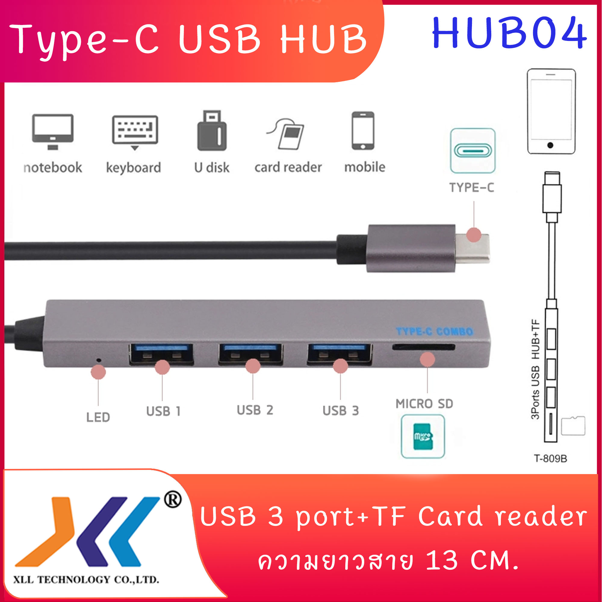 XLL T-809B TF Card Reader + 3 x พอร์ต USB 3.0 USB-C/Type-C HUB ...