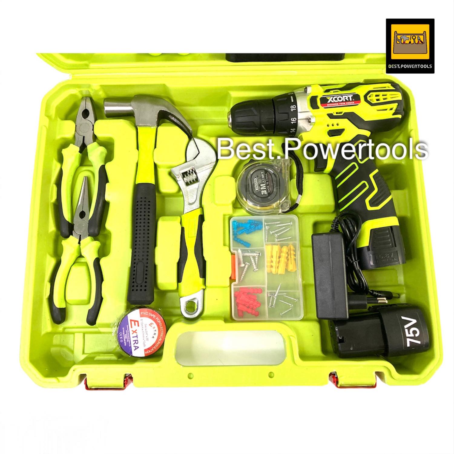 XCORT ชุดสว่านแบตไร้สาย 75V (แรงที่สุด) ปรับสปีดได้ พร้อมอุปกรณ์เครื่องมือช่างชุดใหญ่ - Best ...