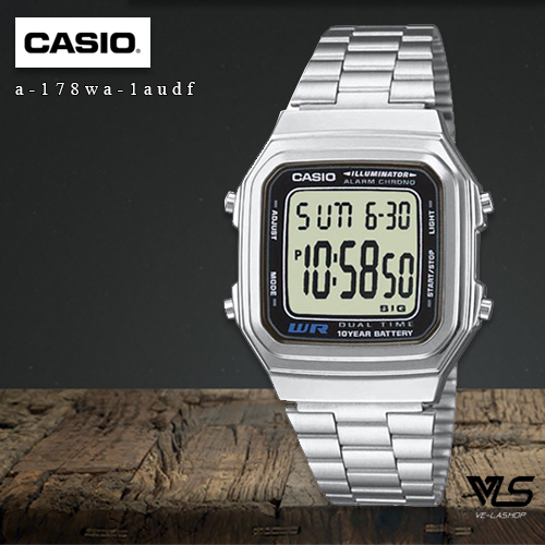 Velashop นาฬิกาข้อมือผู้ชาย ผู้หญิง Casio สีเงิน สายสแตนเลส รุ่น A178WA-1ADF A178WA-1A A178WA ...