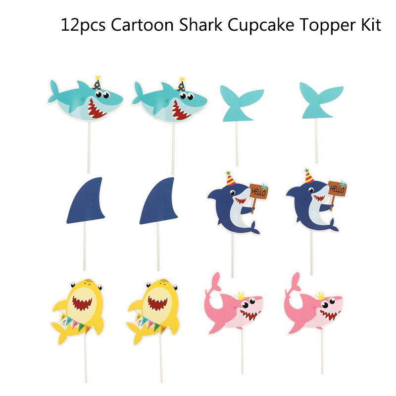 12pcs Cartoon Shark Cupcake Topper Kit Kids Boy Birthday Party ...