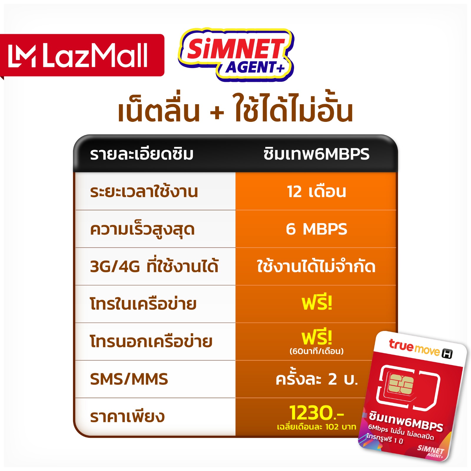 ซิมเทพ 6Mbps เน็ตไม่อั้น 1ปี ส่งฟรี ซิม ทรู โทรฟรีทุกค่าย Sim Net TRUE ใช้ได้ไม่อั้น 1 ปีเต็ม ...