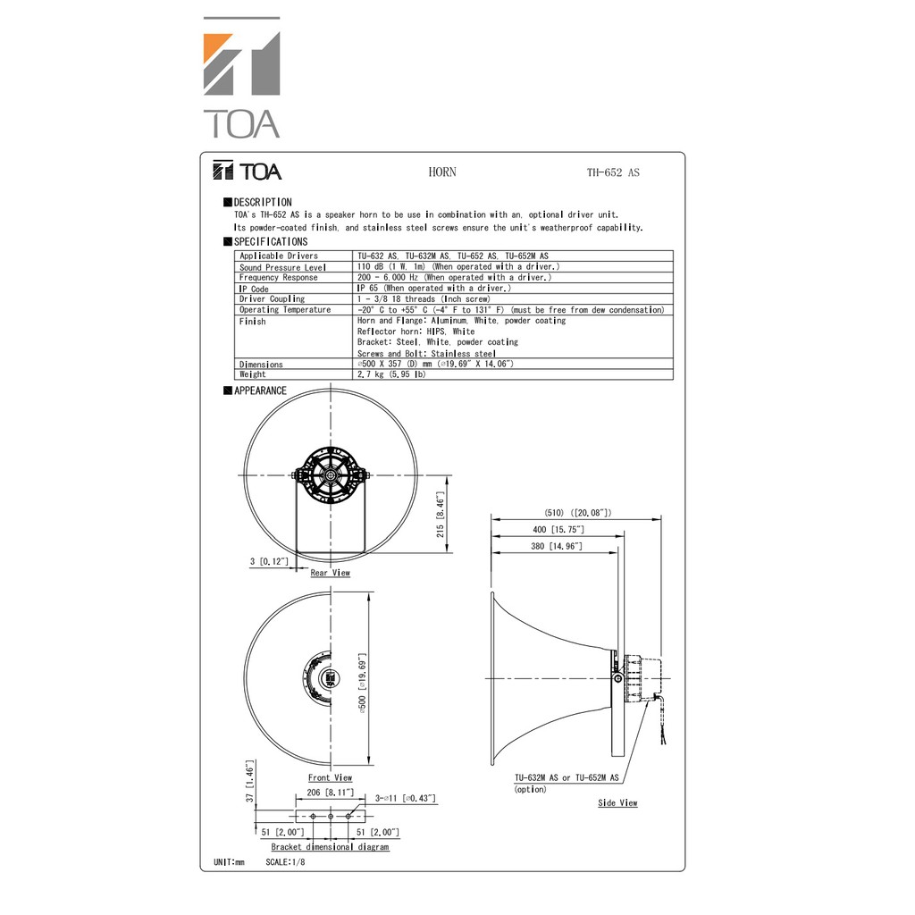 ปากฮอร์น TOA รุ่น TH-652 AS ปาก 21 นิ้ว สำหรับหอกระจายข่าว ไม่มีก้น เฉพาะปาก ฮอร์น HORN ปากฮอร์น ...