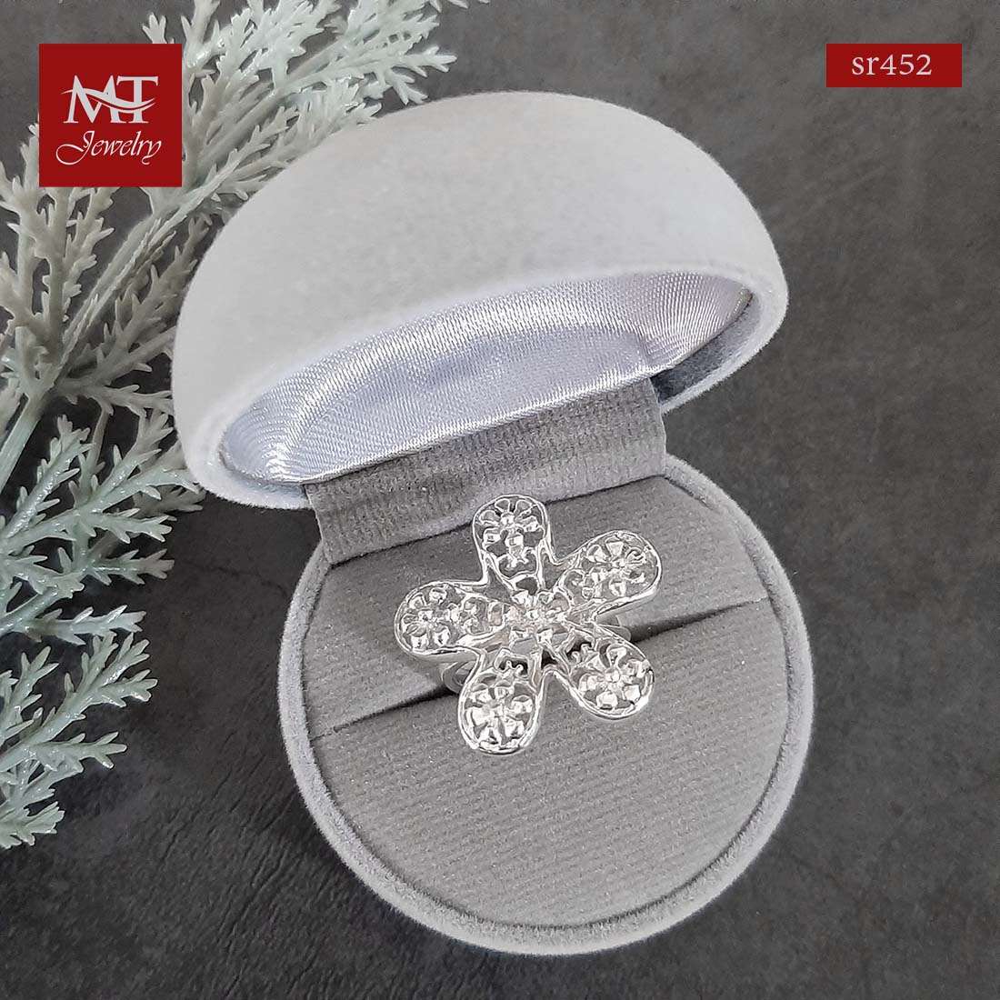 MT แหวนเงินแท้ ฉลุลาย รูป ดอกไม้ ไซส์ 52 57 60 Solid 925 Sterling ...