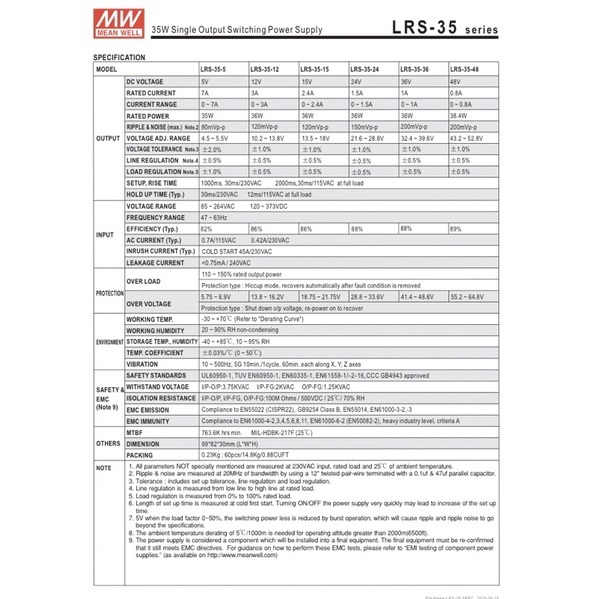 Meanwell LRS-35-24 35w 24v 1.5A หม้อแปลง สวิตซ์ชิ่ง พาวเวอร์ซัพพลาย LED ...