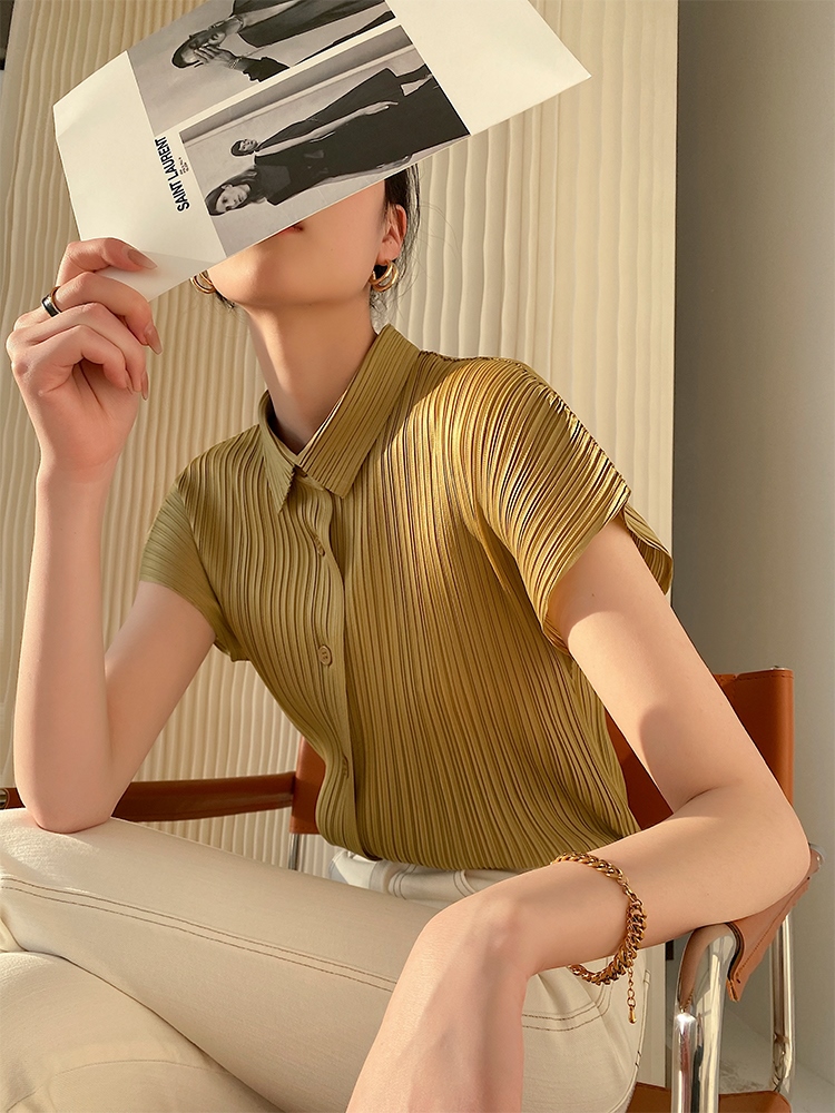 Miyake Pleated Tops Women Casual White Polo Lapel Short Sleeve Shirt Designer Clothes - IEkrcWc3 ...