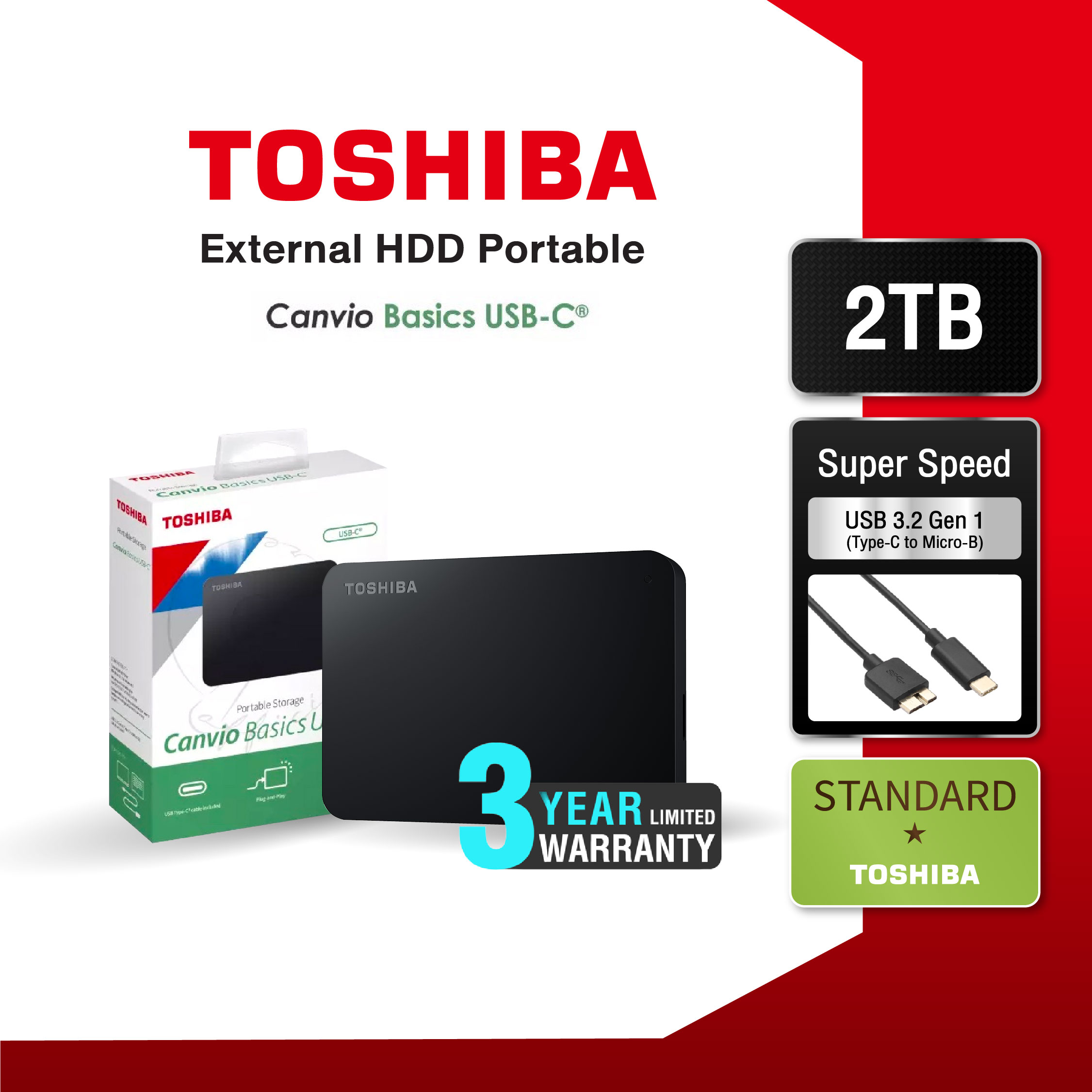 Toshiba External HDD (2TB) TypeC USB 3.2 SuperSpeed รุ่น (Canvio Basics TypeC ) 2.5 ฮาร์ดดิสพกพา ...