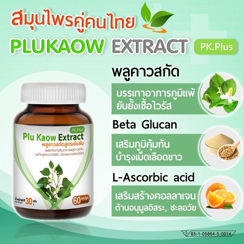 [ส่งฟรี! พร้อมส่ง] PK Plus Plu Kaow Extract (1 กระปุก 60 แคปซูล) พลูคาว ...