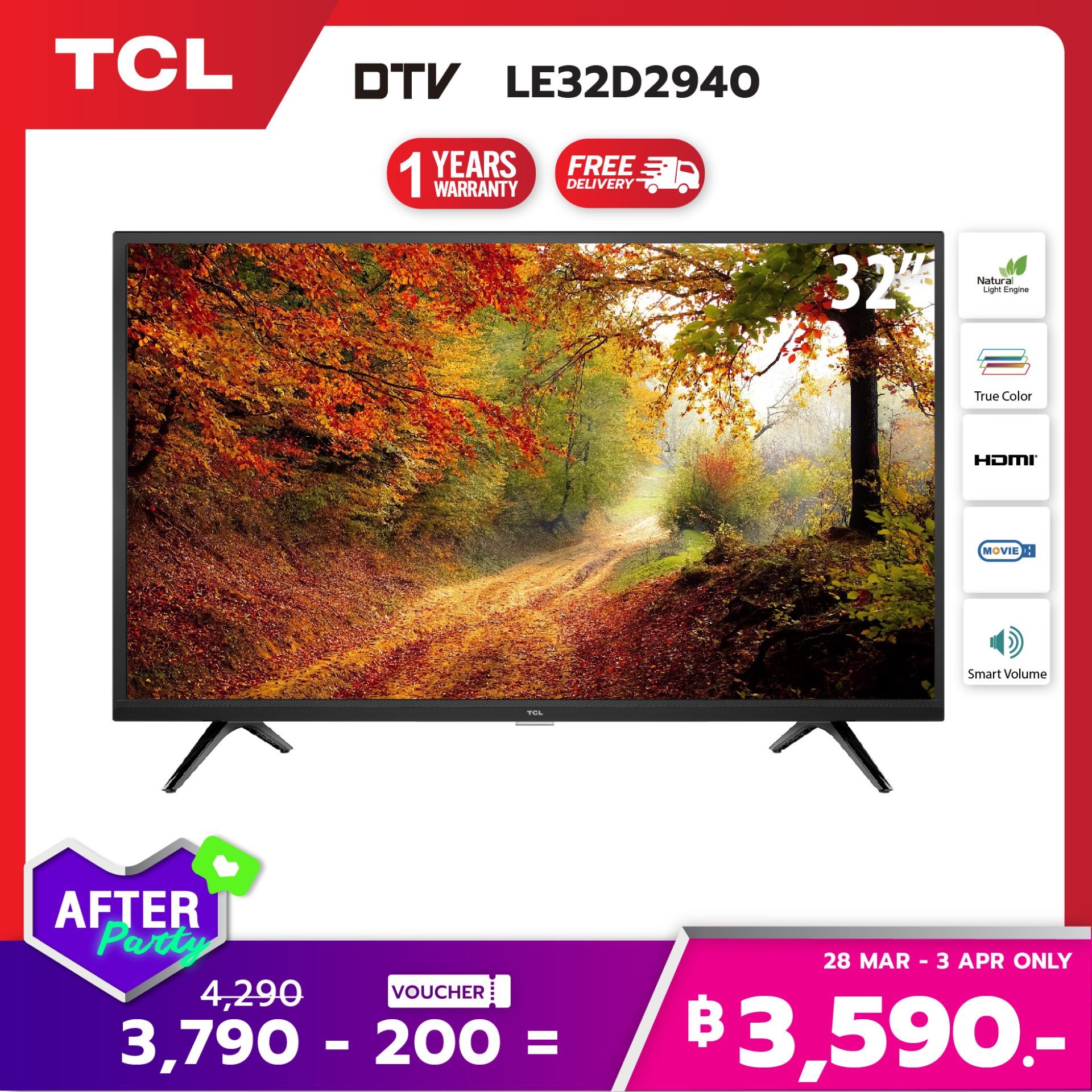 สั่งซื้อ TCL ทีวี 32 นิ้ว LED HD 720P (รุ่น 32D2940) -DVB-T2- AV In-HDMI-USB-Slim ดิจิตอลทีวี