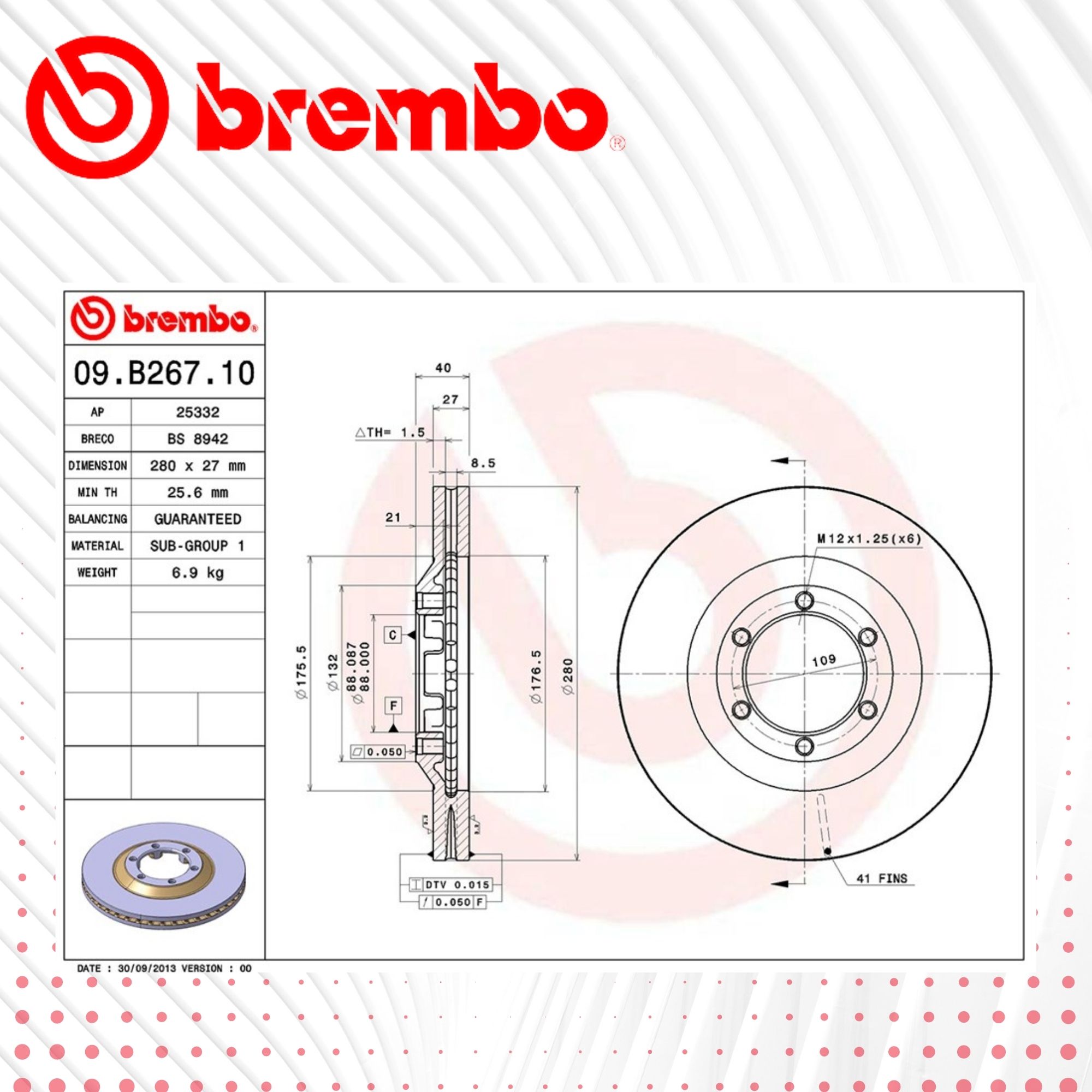 brembo Official จานดิสเบรค หน้า 1 คู่ 2 จาน 09 B267 10 สำหรับ Isuzu D-Max DMAX 2WD ตัวเตี้ย ปี ...