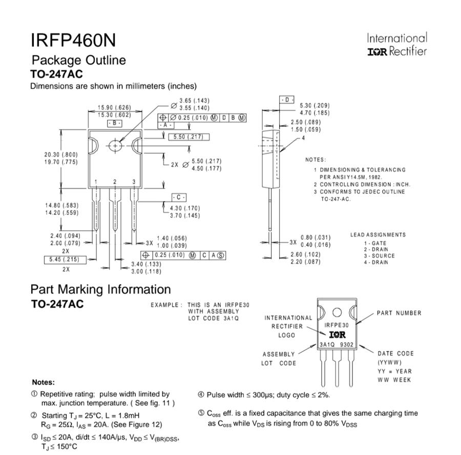 1PCS IRFP 460N,IRFP 460A Power MOSFET 500V / 20A N-Channel TO-247 ...