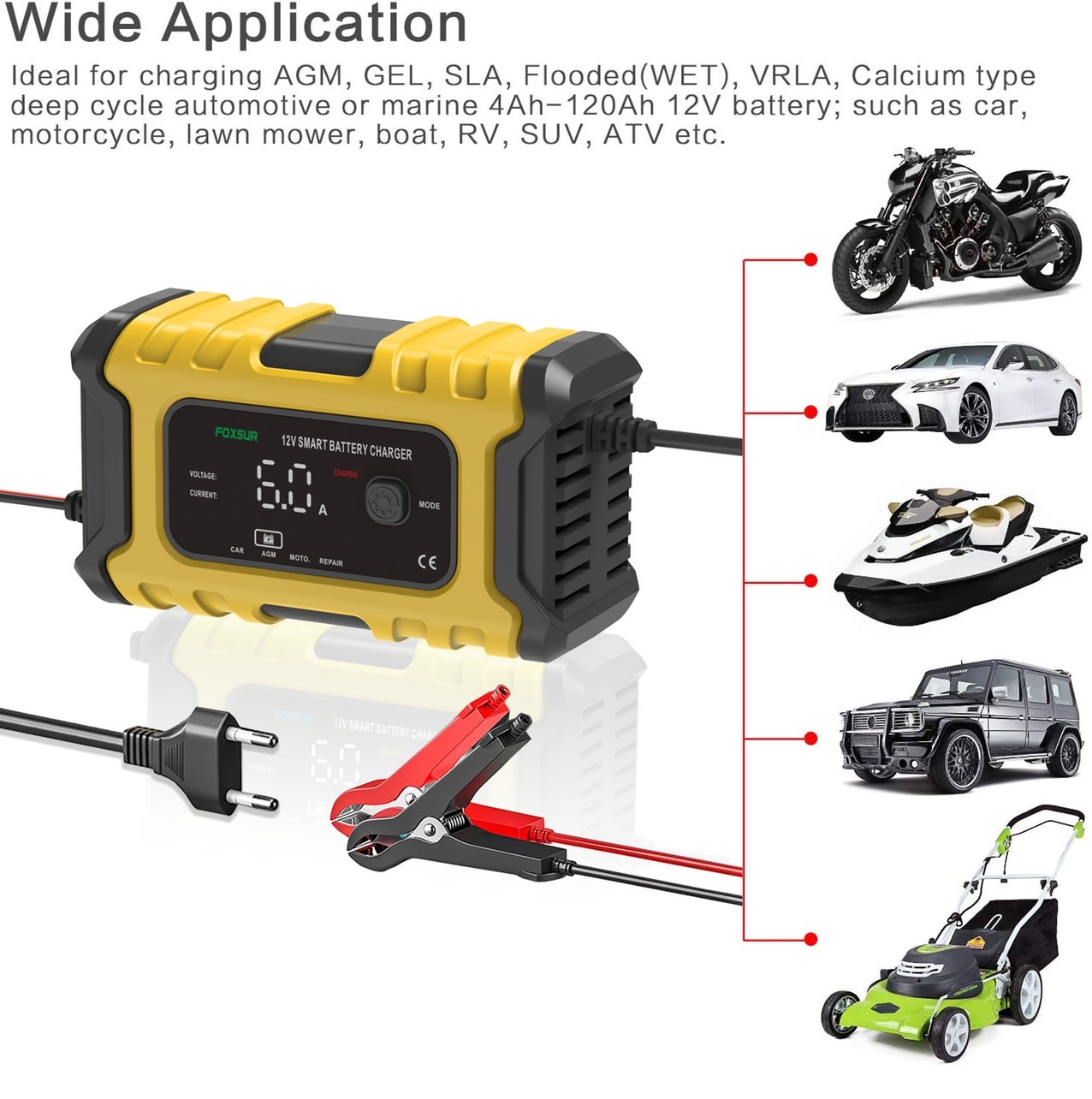 รุ่นใหม่ เครื่องชาร์จแบตเตอรี่อัจฉริยะ FOXSUR 1206D ชาร์จแบตเตอรี่ 12V ...