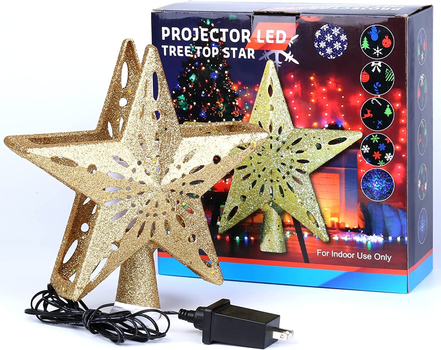 Christmas Tree Topper LED Star Projector 3D Glitter Hollow Star ...