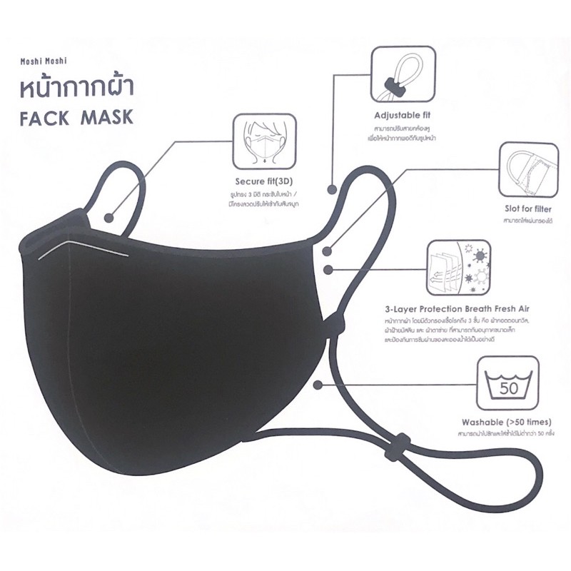 แมส Moshi Moshi หน้ากากผ้าฝ้ายมัสลิน 3 ชั้น ปรับสายได้ - Quella1 - ThaiPick