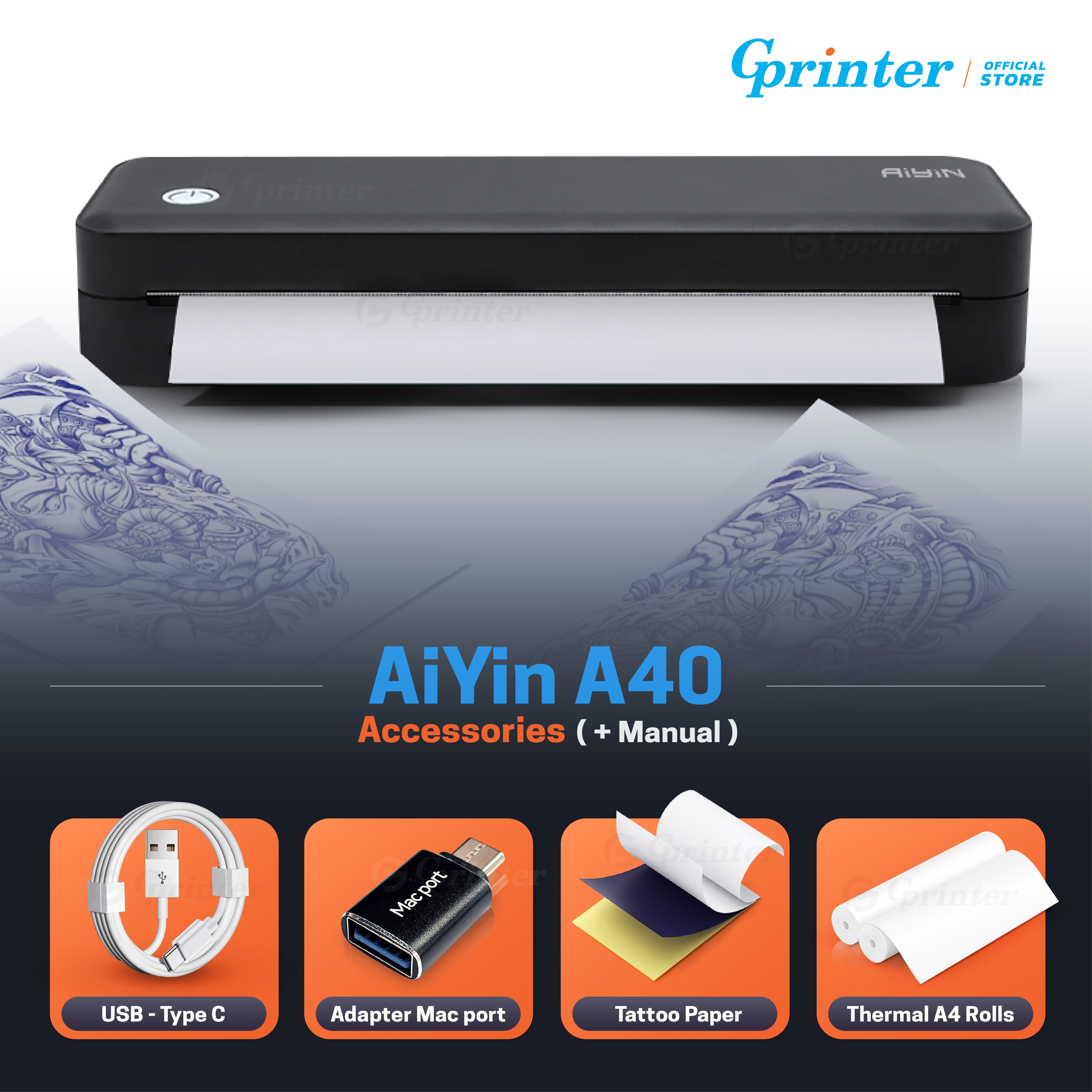 Gprinter เครื่องปริ้นลายสัก AY-A40s เครื่องพิมพ์ความร้อน 2in1 พิมพ์กระดาษ A4 Tattoo Printer ...
