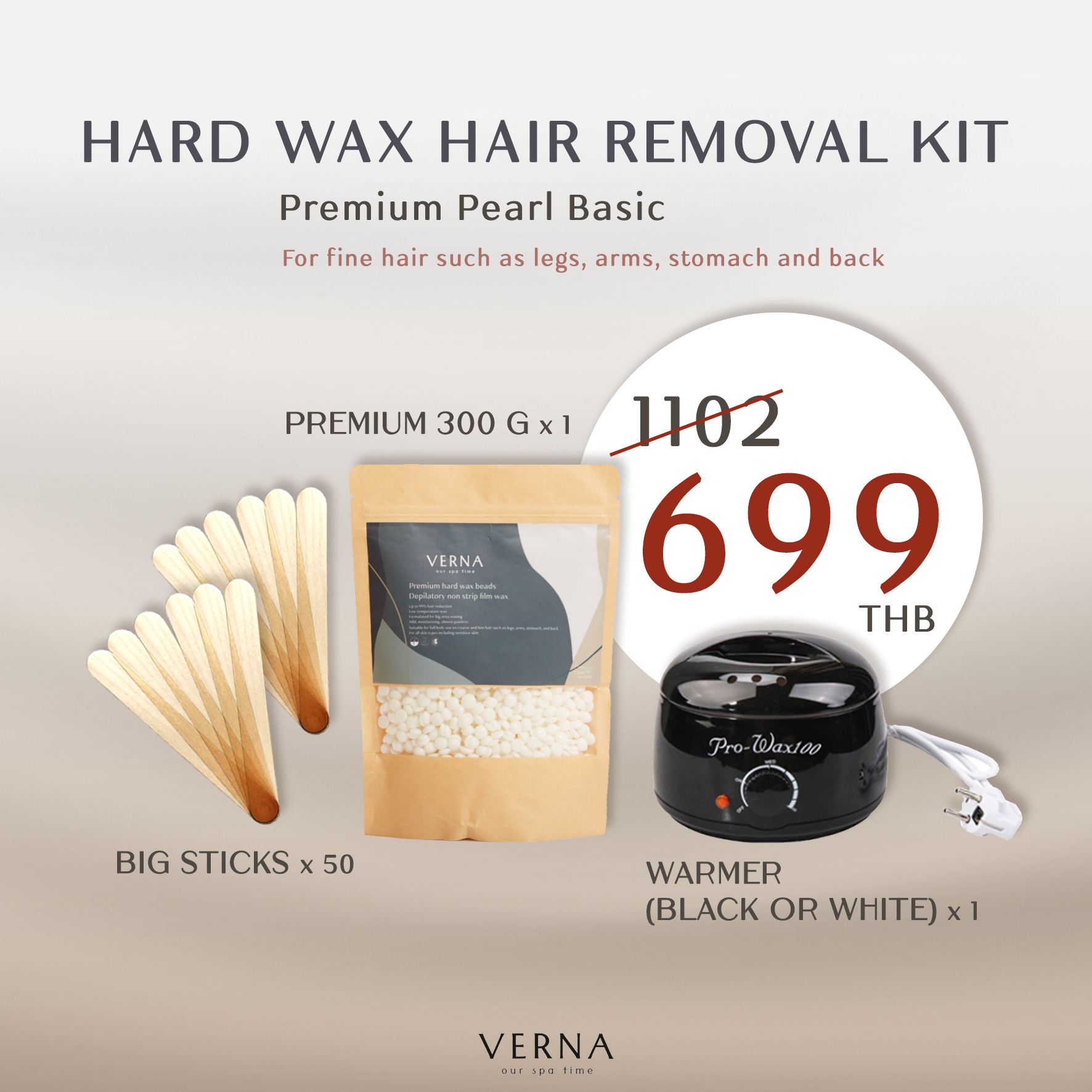 Verna Waxing Kit Premium Pearl Basic Fine Hair Legs Arms Stomach Back ...
