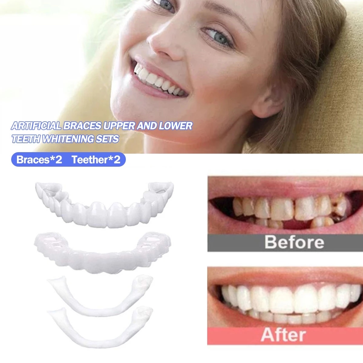 2Pair Upper and Lower Fake Tooth Kit Veneers Teeth Temporary False ...