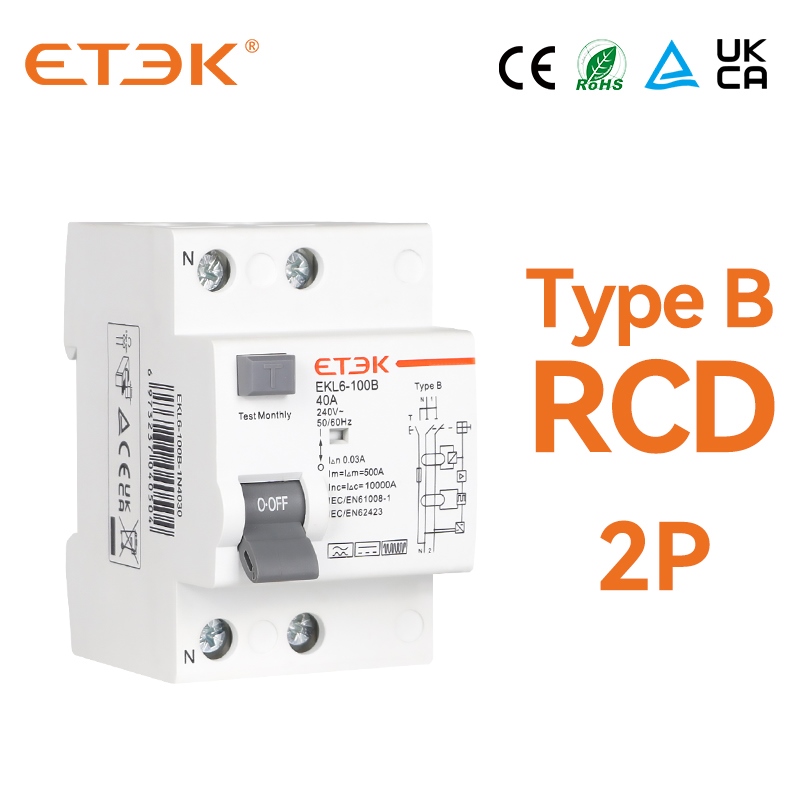 Etek Type B Earth Leakage Circuit Breakers Rccb Rcd Din Rail Dc Ekl6-100b 2p 40a 63a 30ma 10ka ...