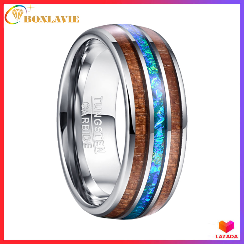 BONLAVIE 8Mmฮาวายไม้Koaและเลียนแบบโอปอลทังสเตนงานฝังประดับแหวนคาร์ไบด์ ...