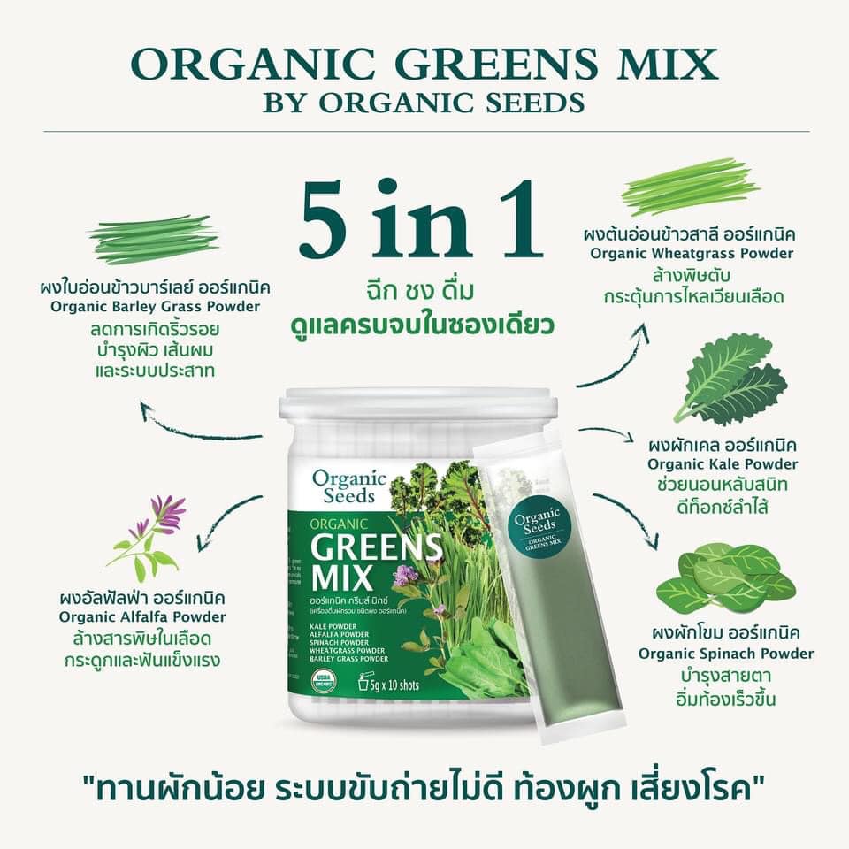 Organic Seeds ผงผักใบเขียว 5 ชนิด Organic Greens Mix Powder (10 x 5g) - ORGANIC PAVILION - ThaiPick