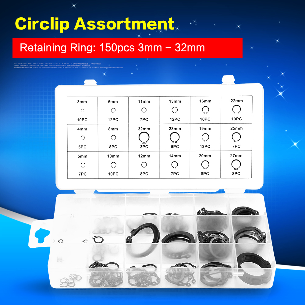 150pcs Snap Retaining Ring Circlip Assortment Set 3mm - 32mm 18 Sizes ...